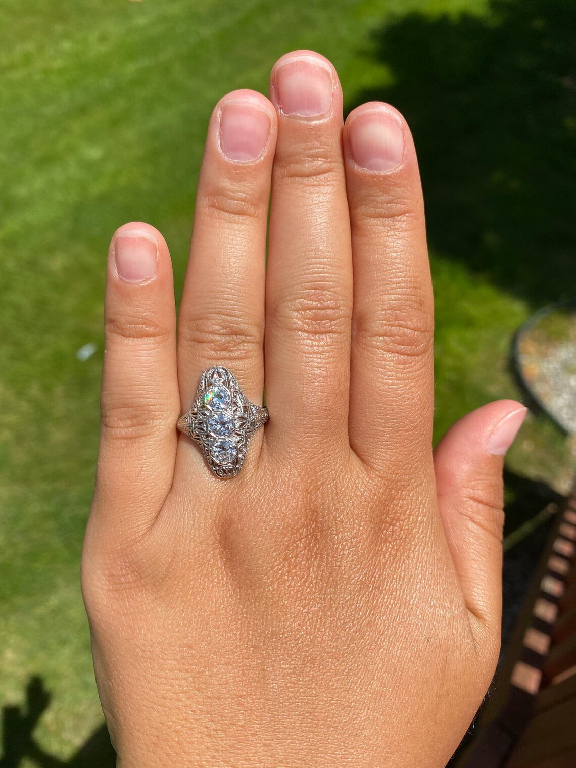 Three Stone Filigree Ring in White Gold - Etsy