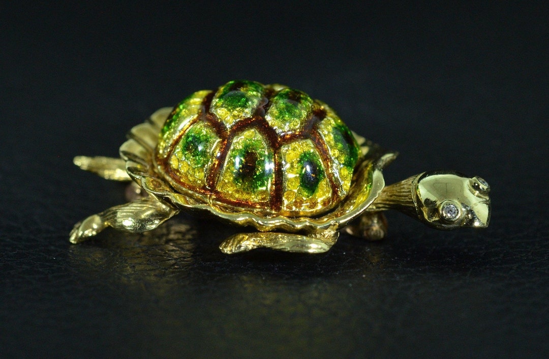 Karbra Enamel Turtle Brooch in 14 Karat Yellow Gold With Diamond Eyes ...