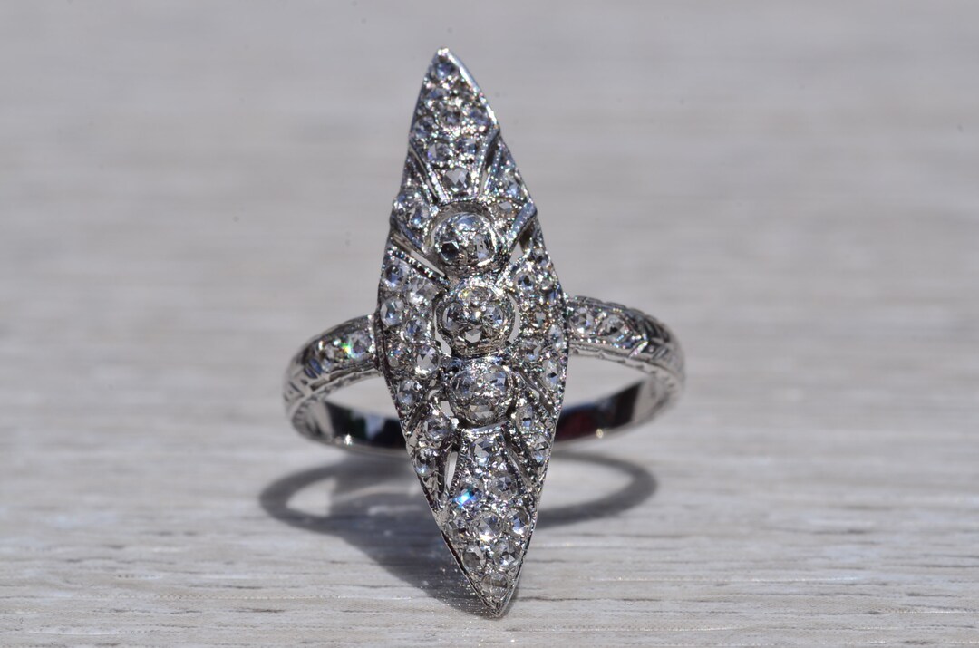 Antique Edwardian Navette Ring Set With Diamonds - Etsy