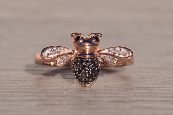 White and Black Diamond Insect Ring in Rose Gold Etsy