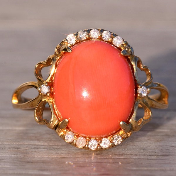 Coral and Diamond Ring - Etsy