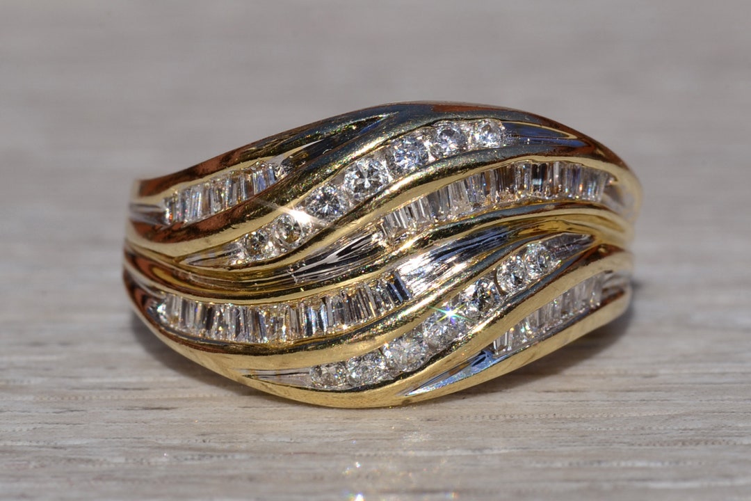 Ladies 14K Yellow Gold Diamond Wave Cocktail Ring - Etsy