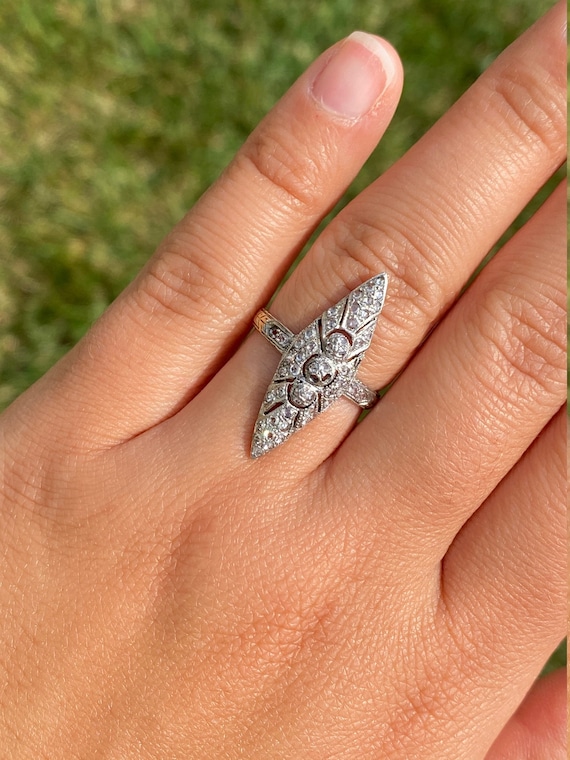 Antique Edwardian Navette Ring set with Diamonds - Gem