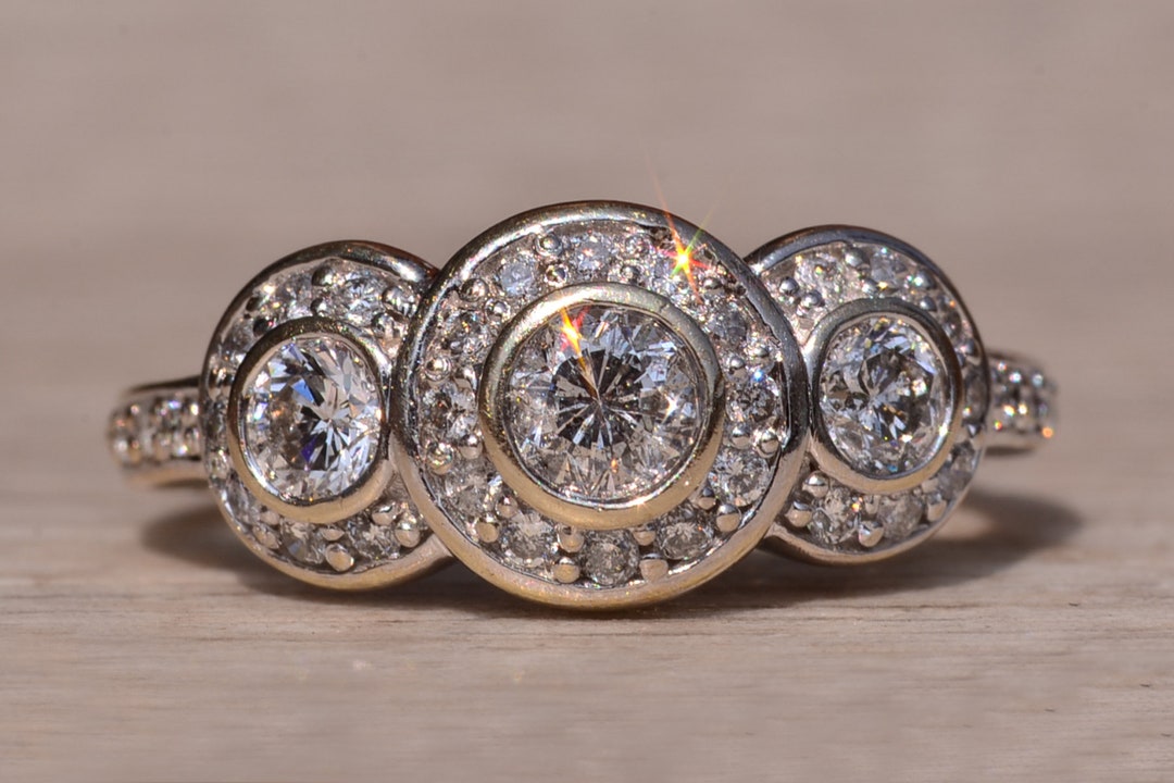 Three Stone Halo Ring Set With Natural Diamonds - Etsy