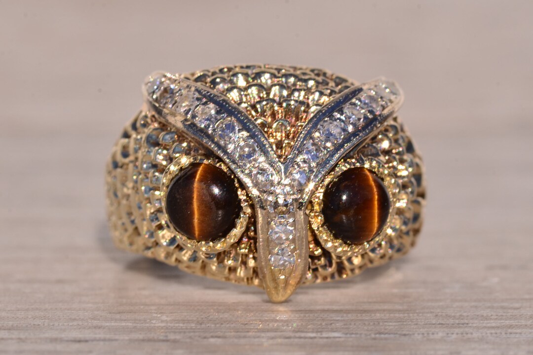 Owl Ring in Yellow Gold With Natural Diamonds and Tigers Eye - Etsy