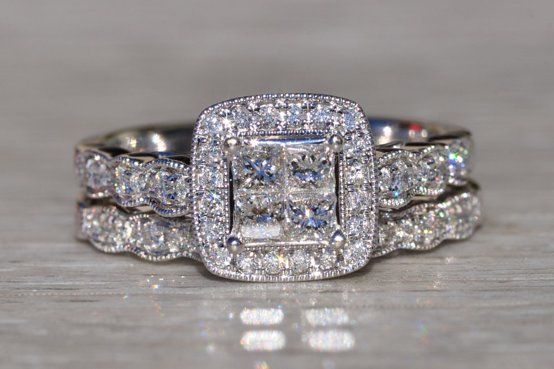 Ladies 14K Mystery Set Diamond Engagement Ring and Wedding Band Bridal ...