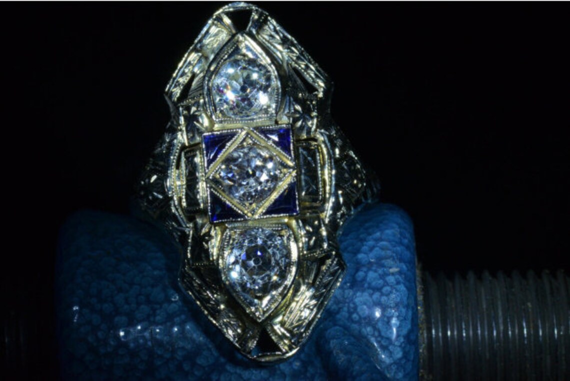 Antique Three Stone Filigree Ring Set With Diamonds and Sapphires - Etsy