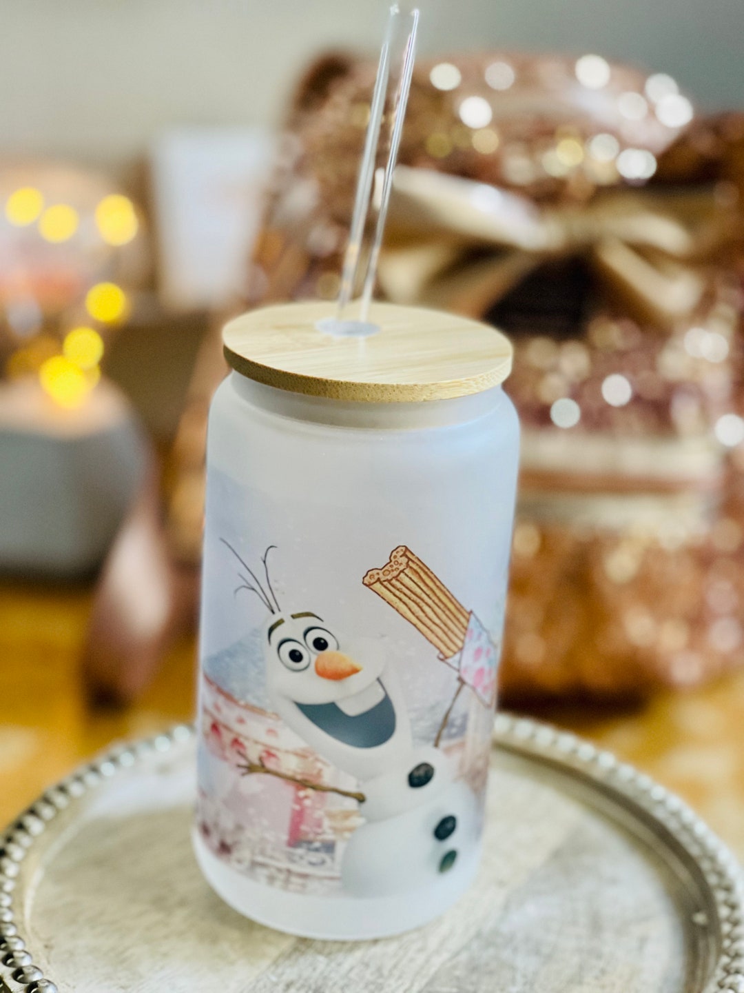 Olaf Glass With Bamboo Lid and Glass Straw - Etsy