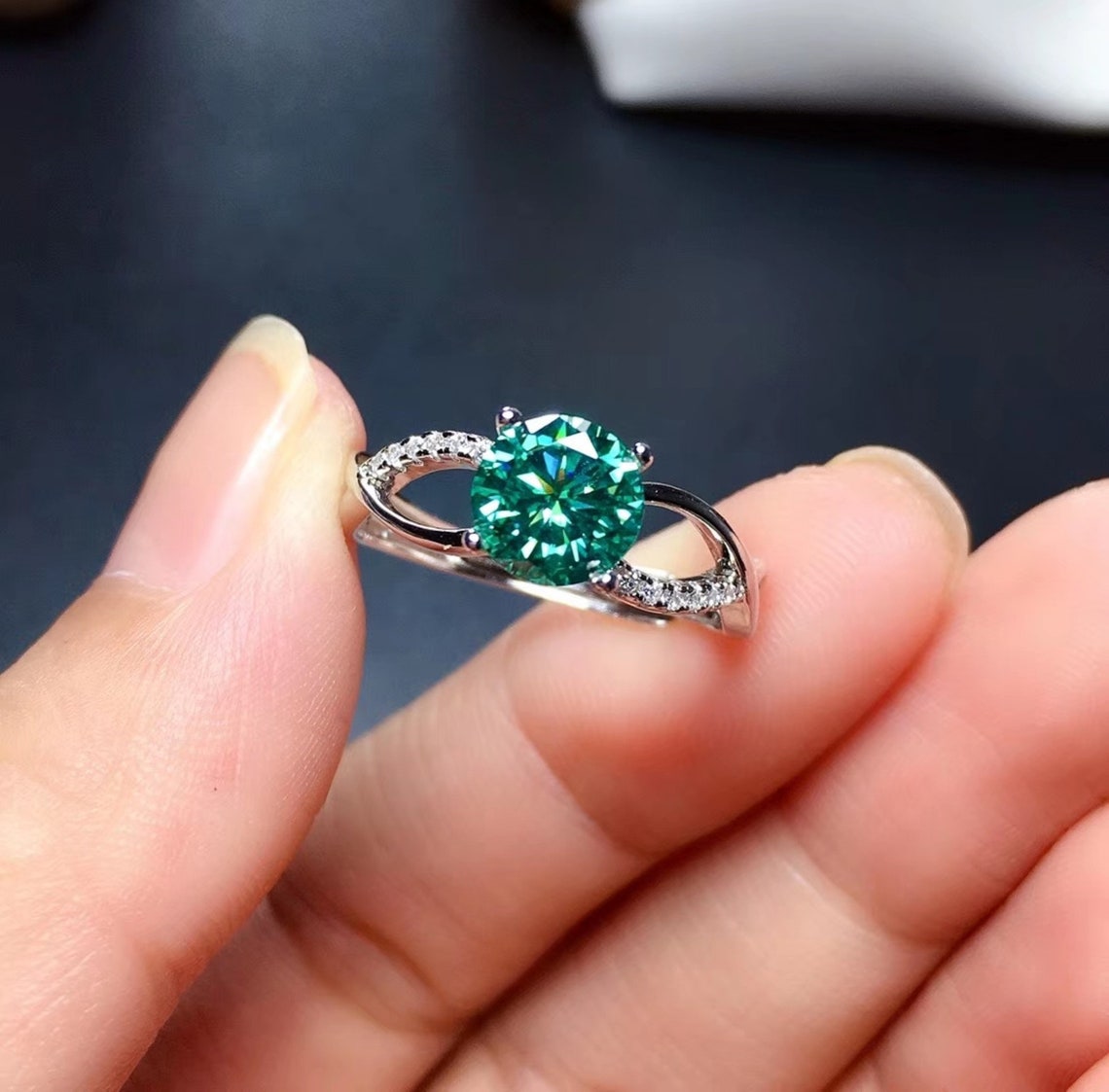 Green Moissanite Engagement Rings for Women Round Diamond Cut | Etsy