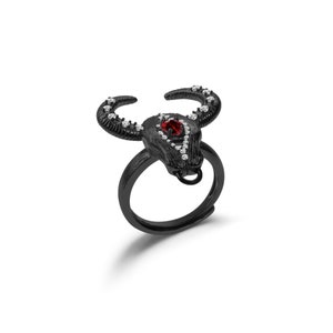 Dainty Garnet Gothic Punk Ring, Bull Skull Adjustable Rings for Women ...