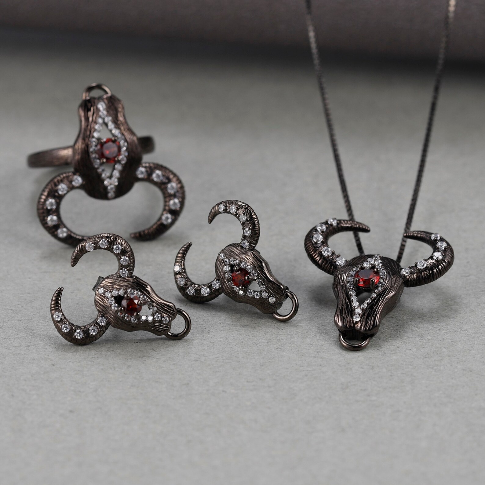 Dainty Garnet Gothic Punk Ring Bull Skull Adjustable Rings | Etsy