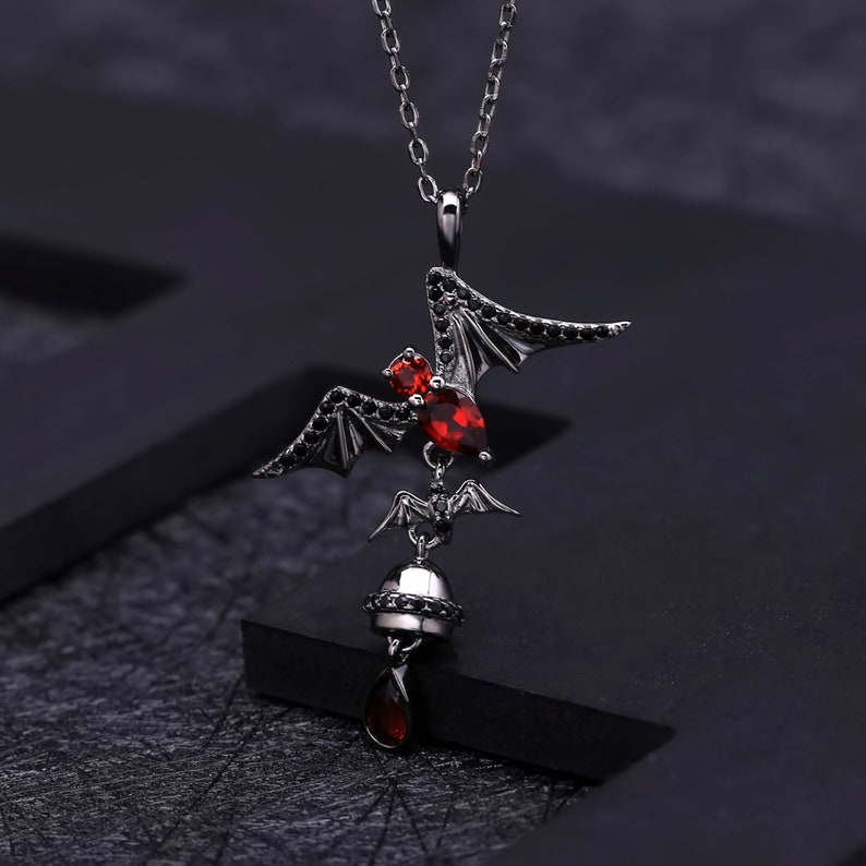 Natural Garnet Gothic Bat Necklace Aesthetic Halloween - Etsy