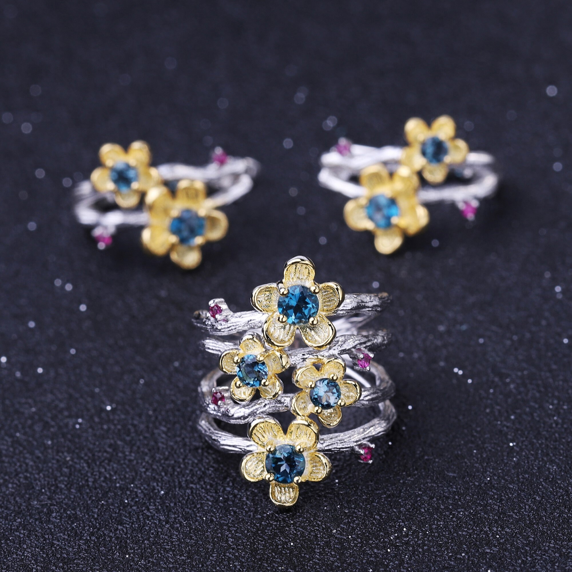 Natural London Blue Topaz Flower Ring Dainty Birthstone Ring - Etsy