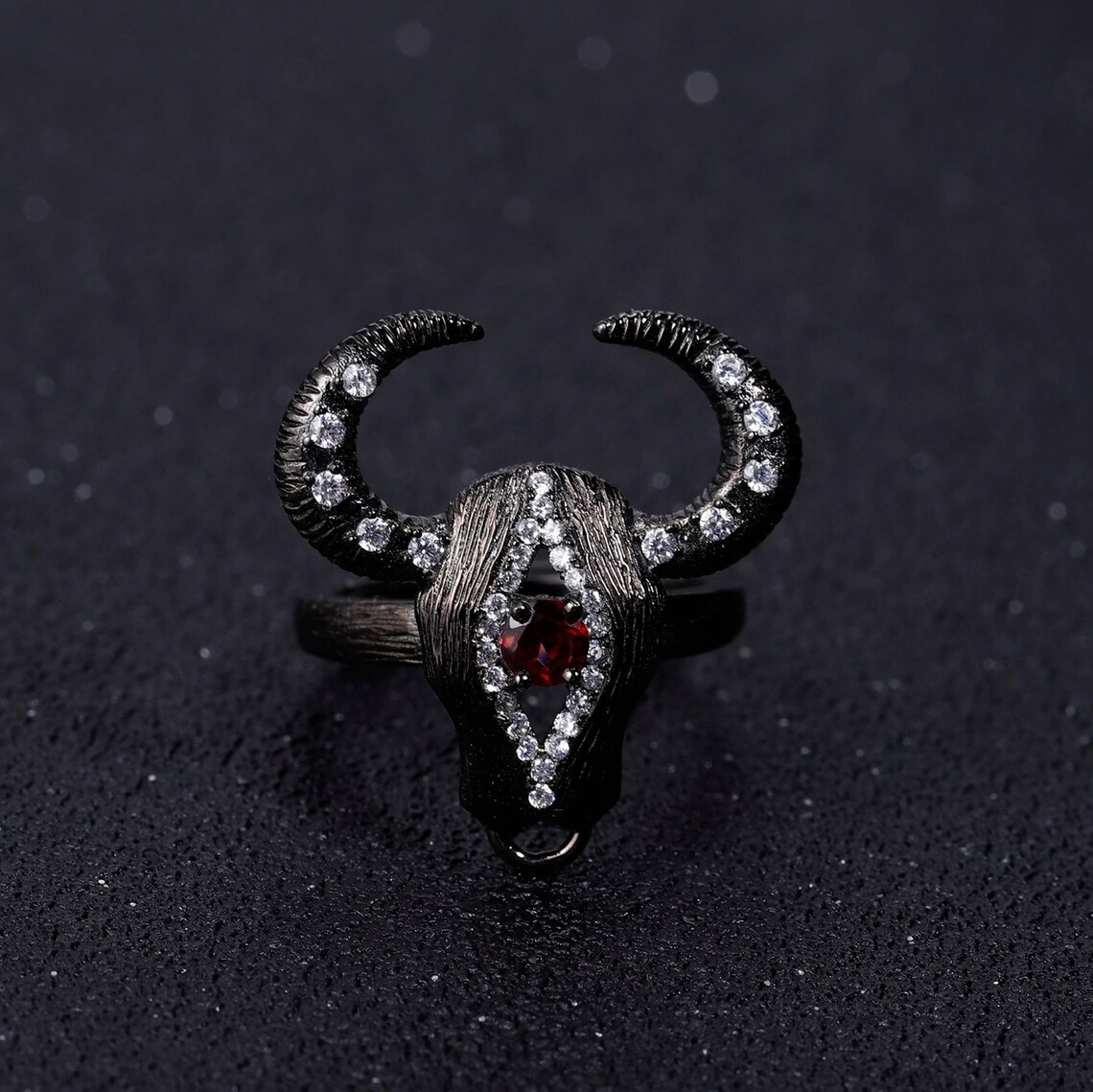 Dainty Garnet Gothic Punk Ring Bull Skull Adjustable Rings | Etsy