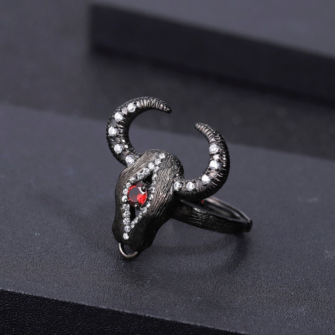 Dainty Garnet Gothic Punk Ring, Bull Skull Adjustable Rings for Women ...