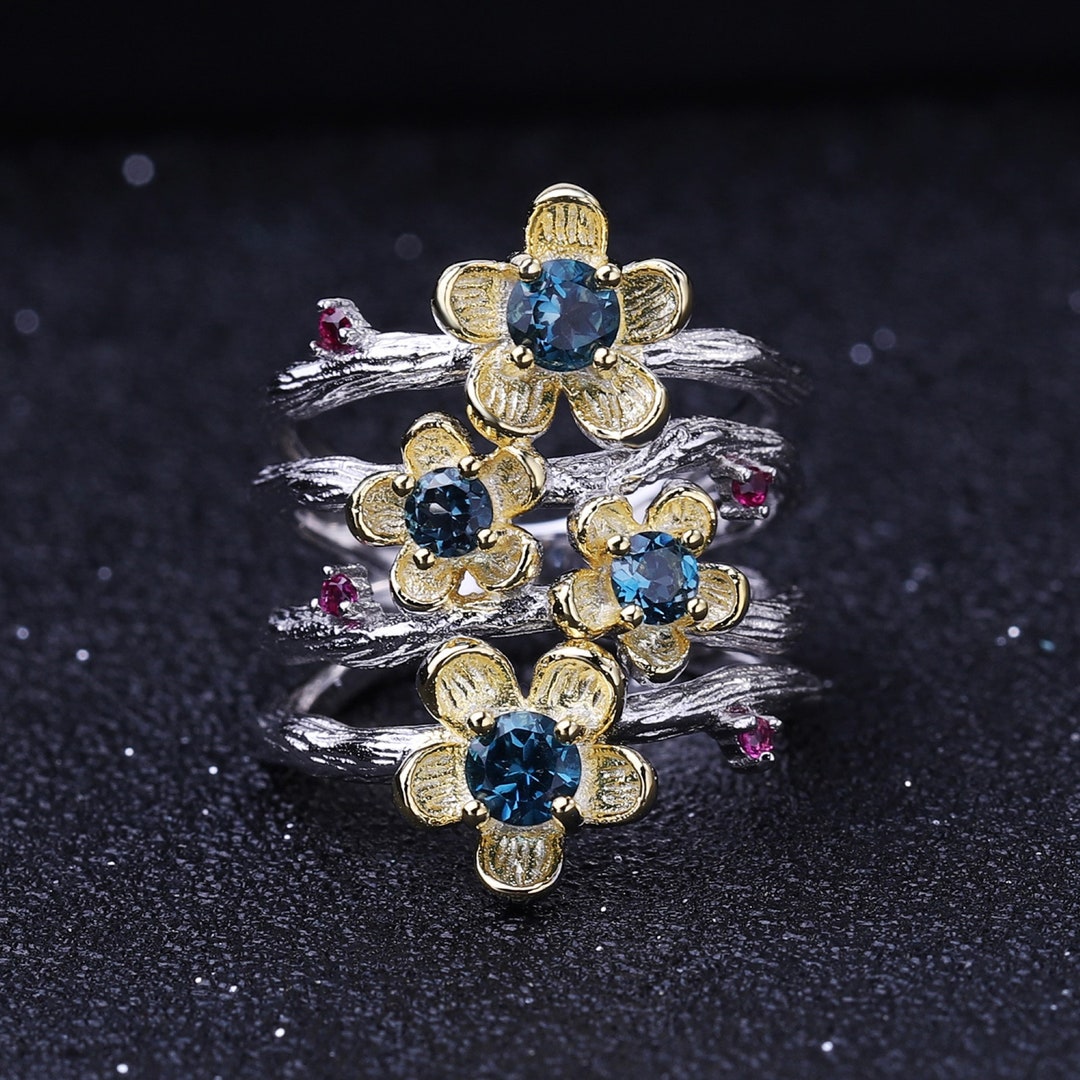 Natural London Blue Topaz Flower Ring, Dainty Birthstone Ring, 925 ...