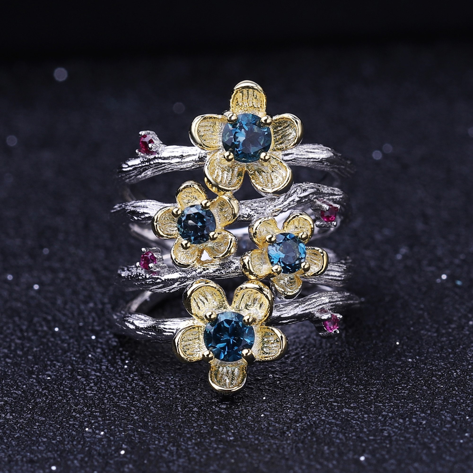 Natural London Blue Topaz Flower Ring Dainty Birthstone Ring | Etsy