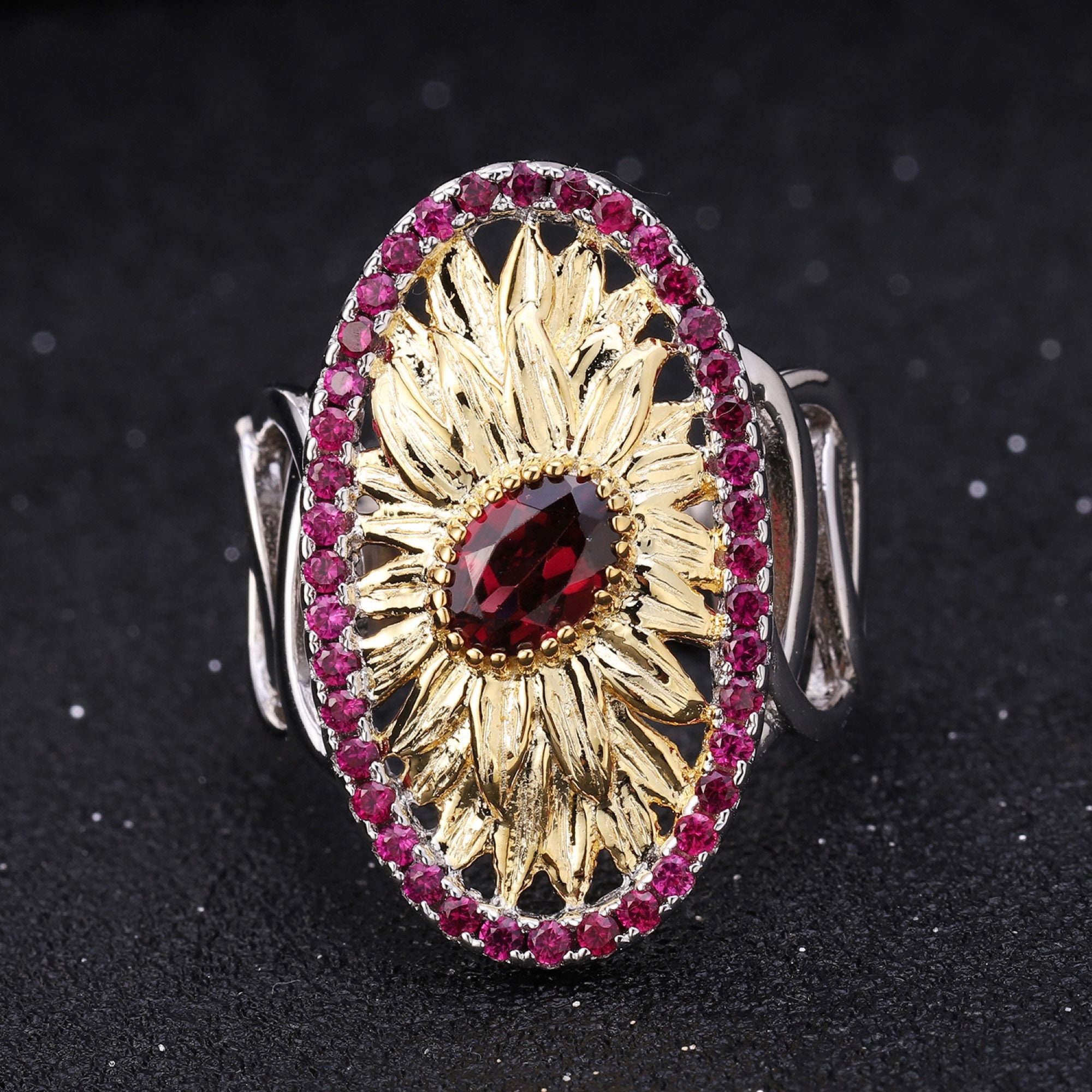 Garnet Sunflower Ring 925 Sterling Silver Ring Sunflower | Etsy