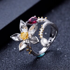 Garnet Flower Engagement Ring for Women Dainty Sterling - Etsy