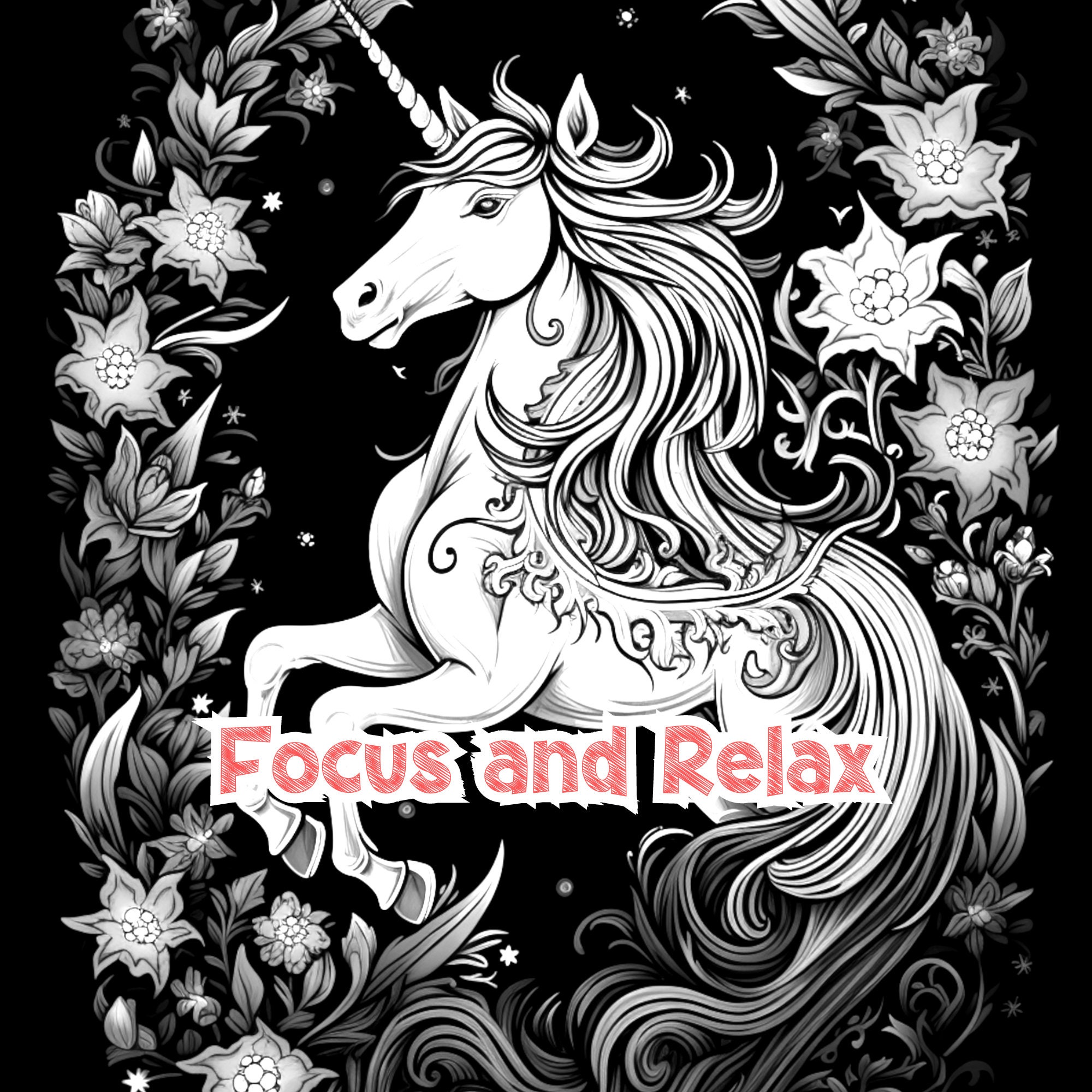 Mythical Unicorns Coloring Book for Adults Black Background Stress ...