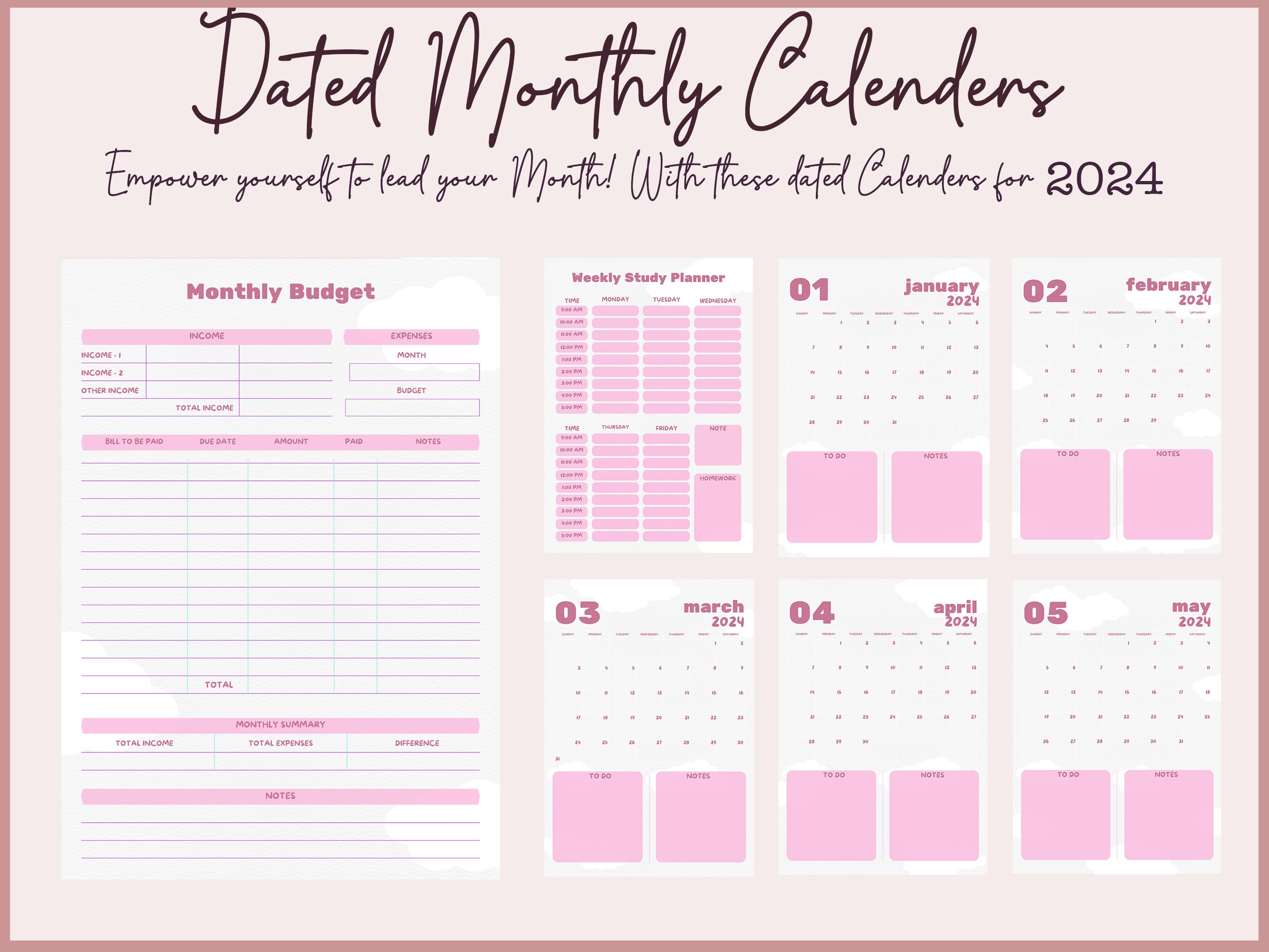 Pastel Pink and White Cloud Planner | Daily Plans | Weekly Plans ...