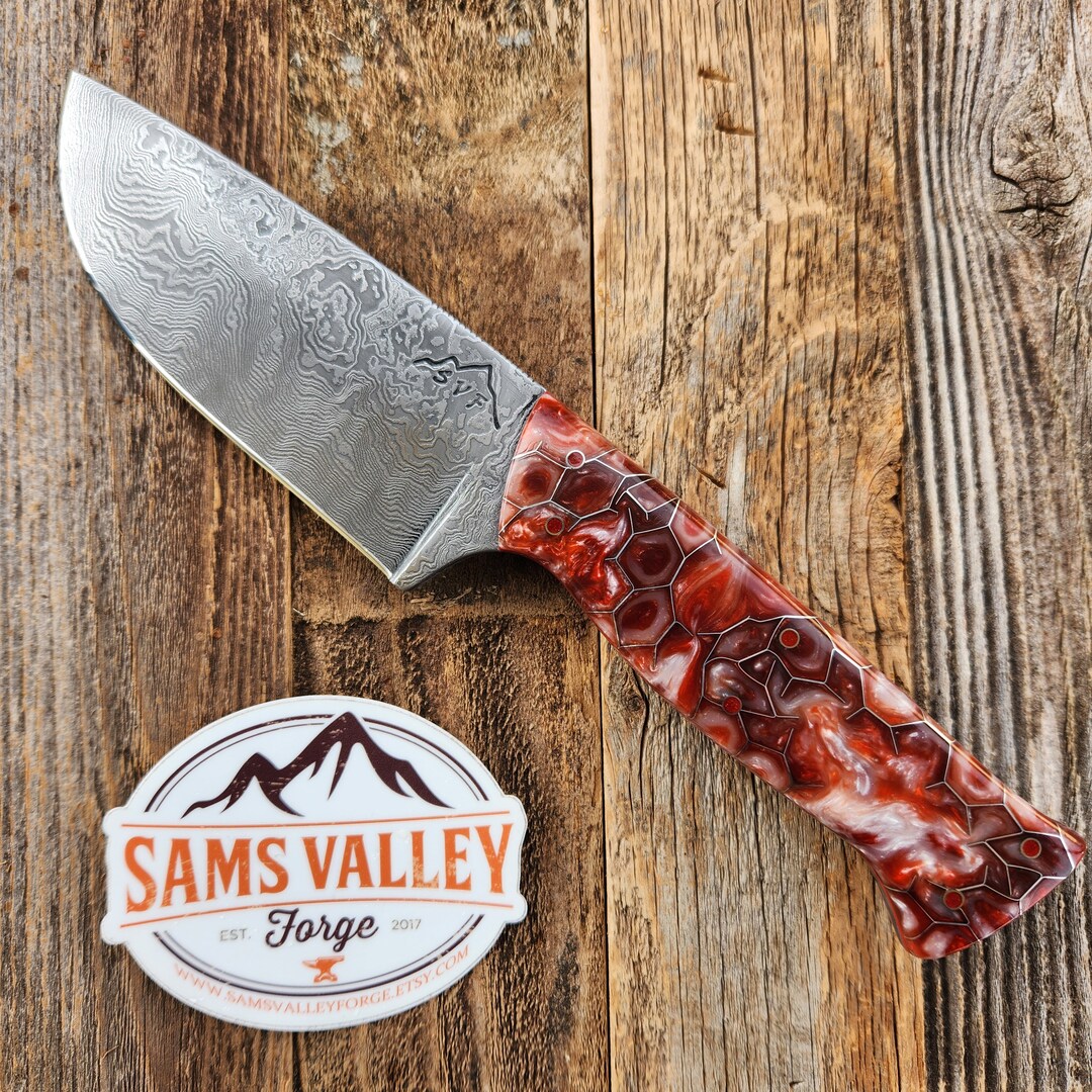 240 Layer Damascus Hunting Knife With Red Resin Handle. Made in Oregon ...
