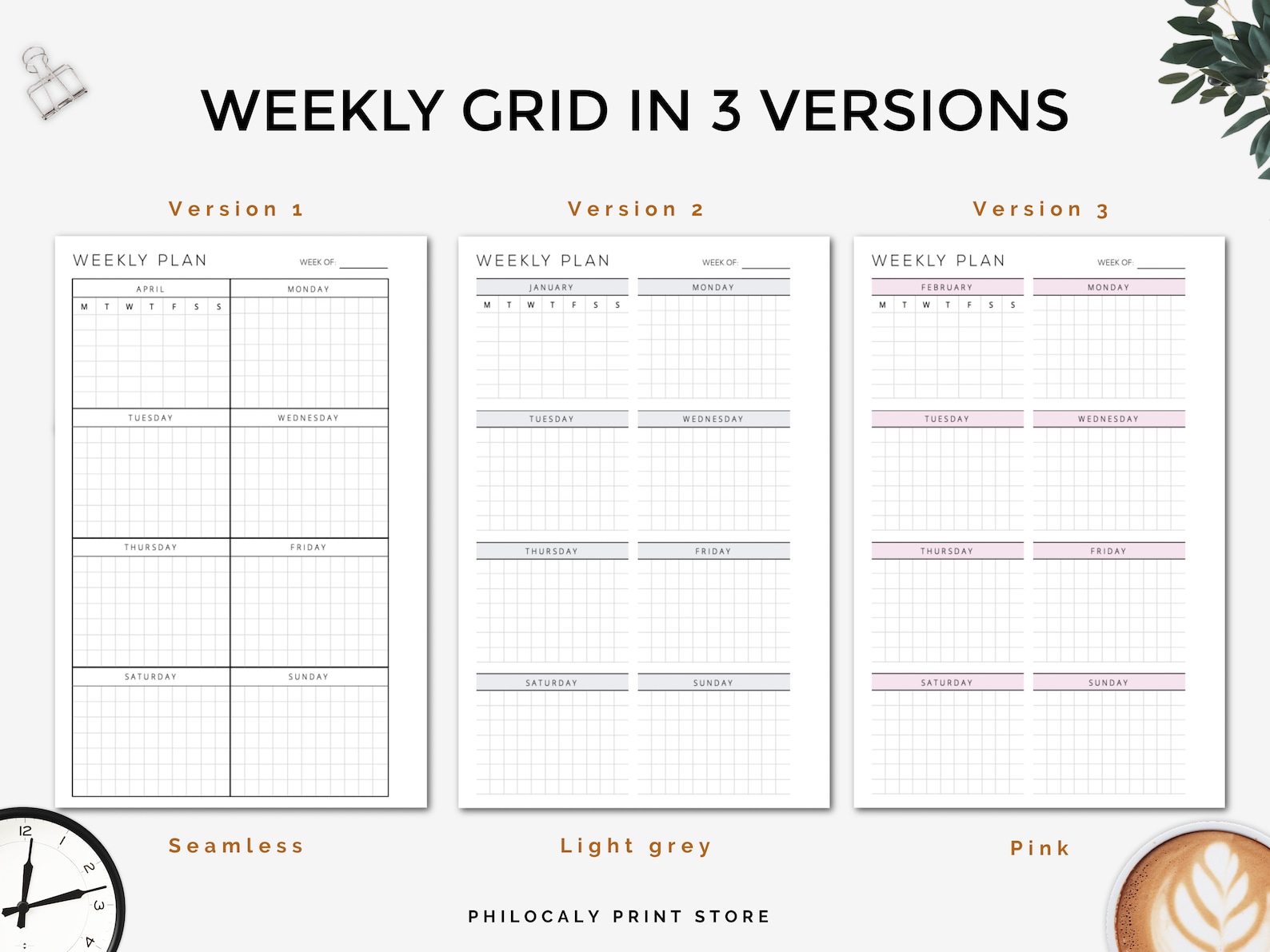 Undated Weekly Grid Planner Printable, Weekly Grid Printable, Weekly ...