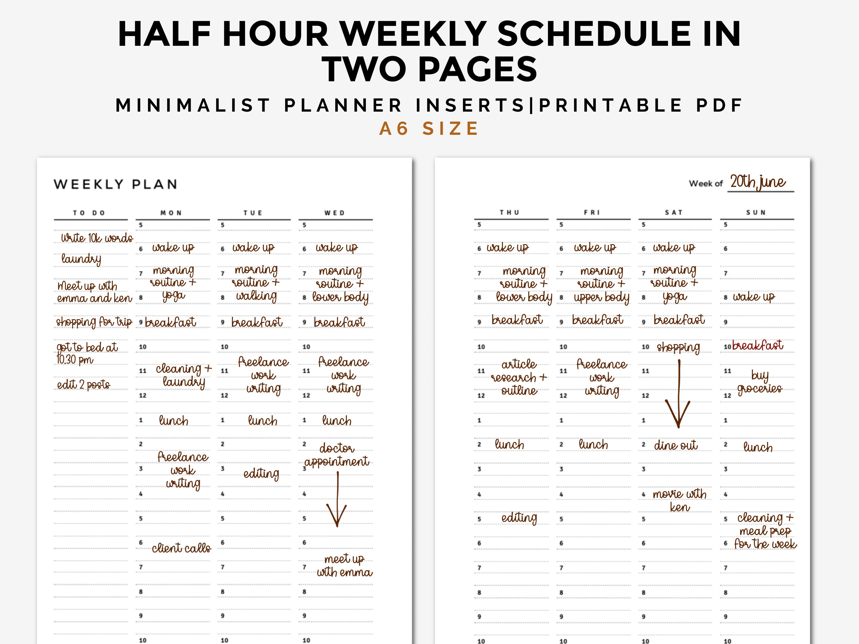 A6 Half Hour Weekly Schedule, Printable Half Hour Planner, A6 Weekly ...