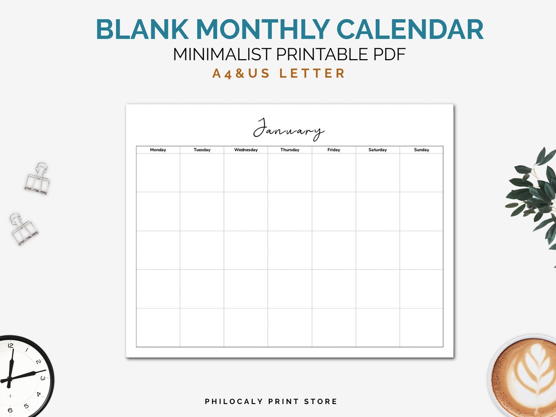 Blank Undated Monthly Calendar Printable, Monthly Printable Calendar ...