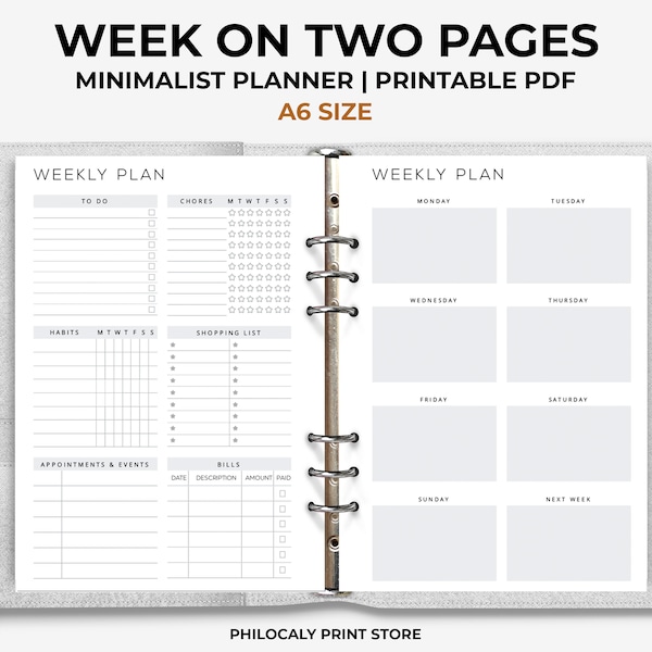 A6 Week on Two Pages, A6 Week at a Glance, Printable Weekly Planner ...