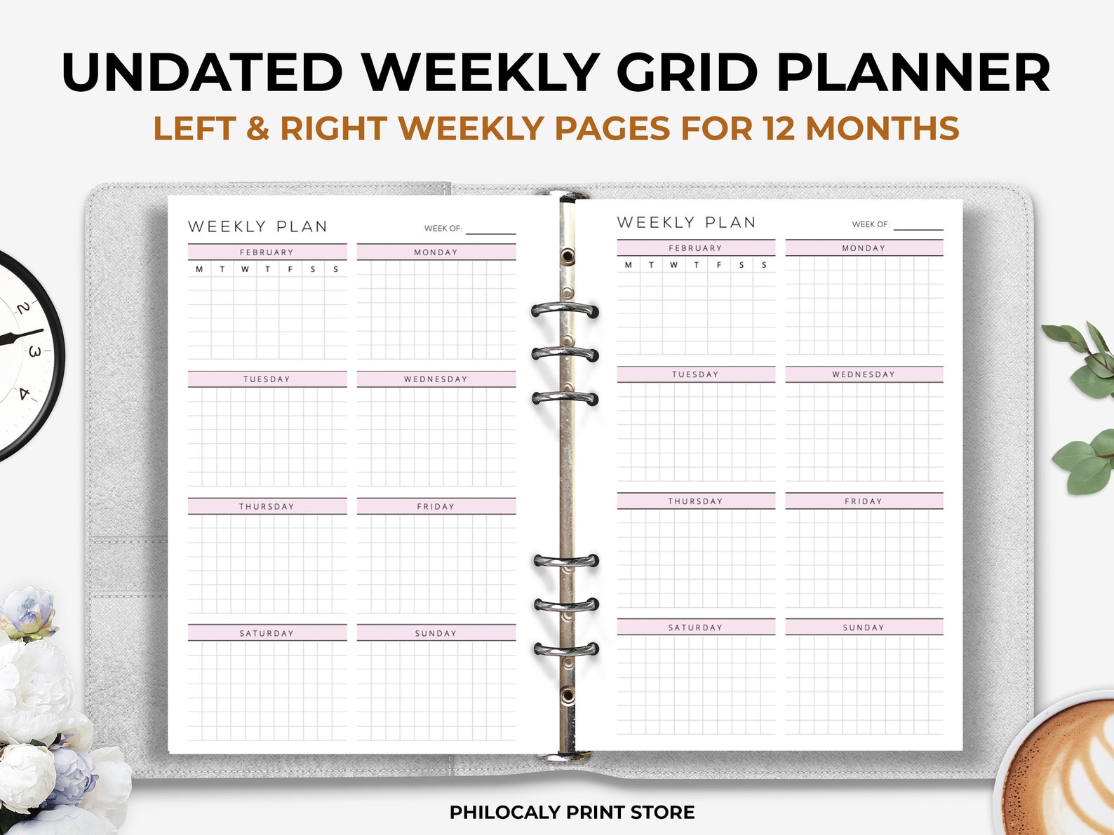 Undated Weekly Grid Planner Printable, Weekly Grid Printable, Weekly ...