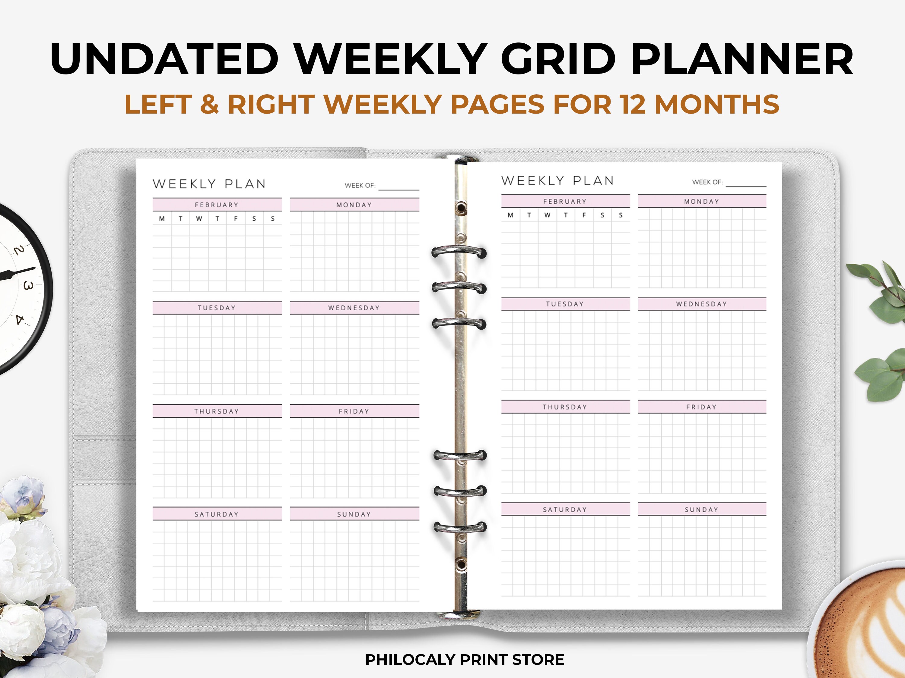 Undated Weekly Grid Planner Printable, Weekly Grid Printable, Weekly ...