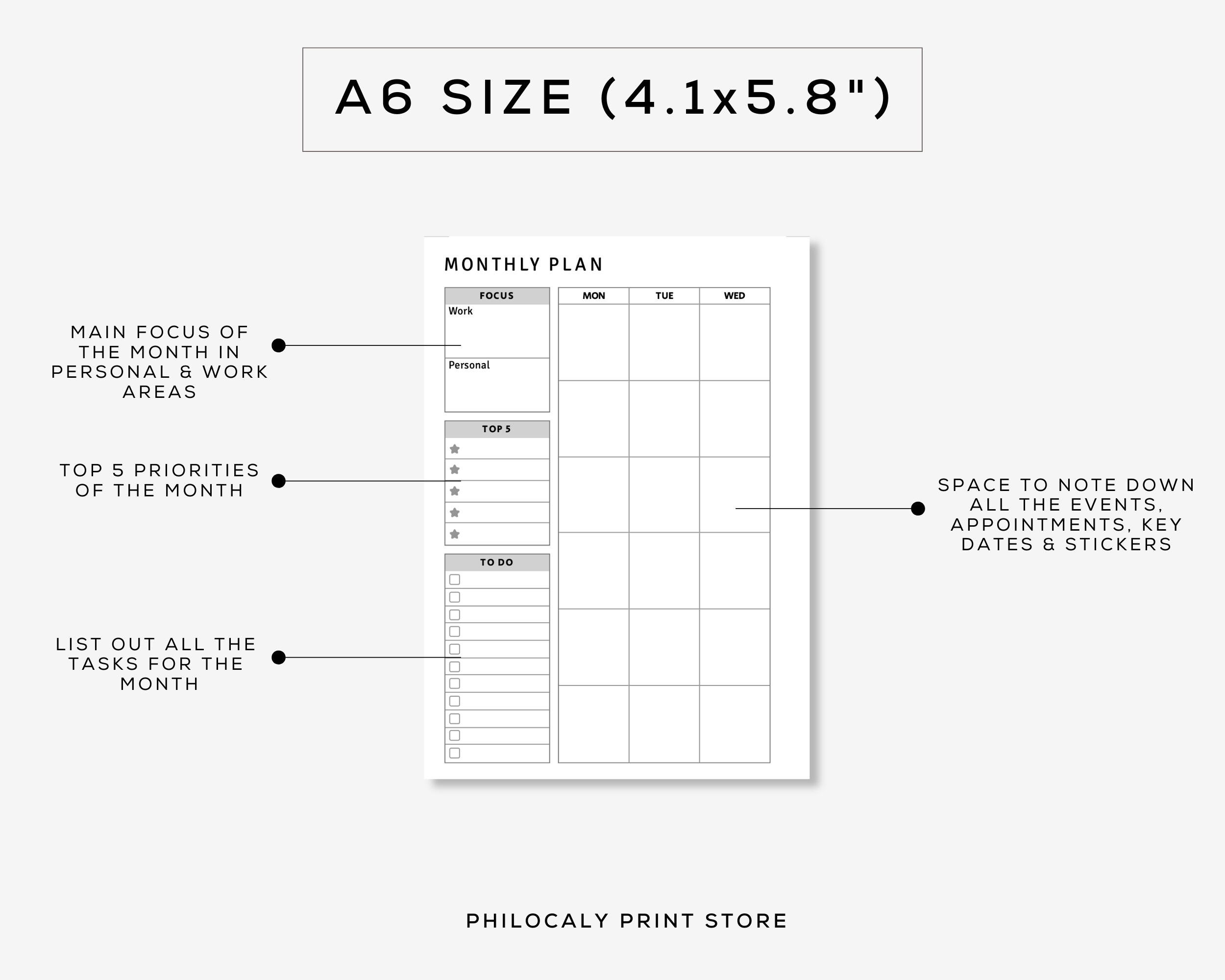A6 Month on Two Pages, A6 Planner Inserts, Monthly Overview, Undated ...
