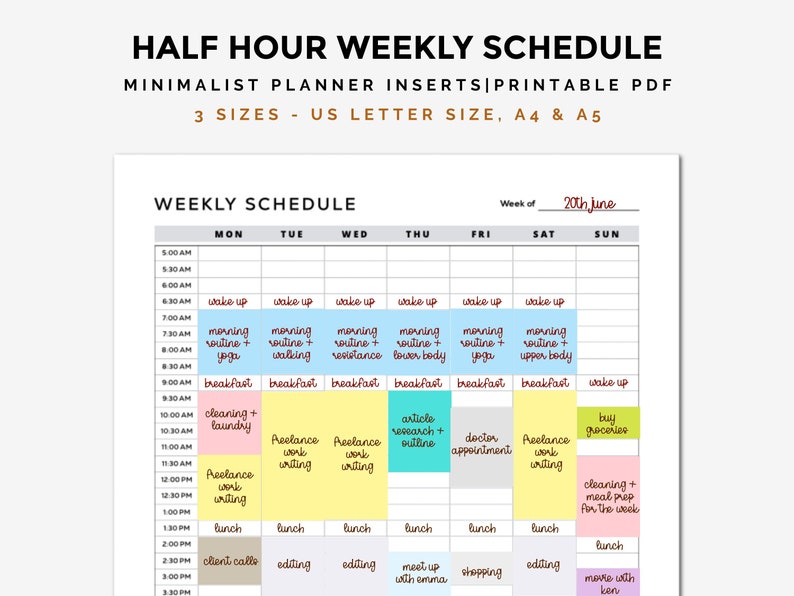 Half Hour Weekly Schedule, Printable Half Hour Planner, Weekly to Do ...