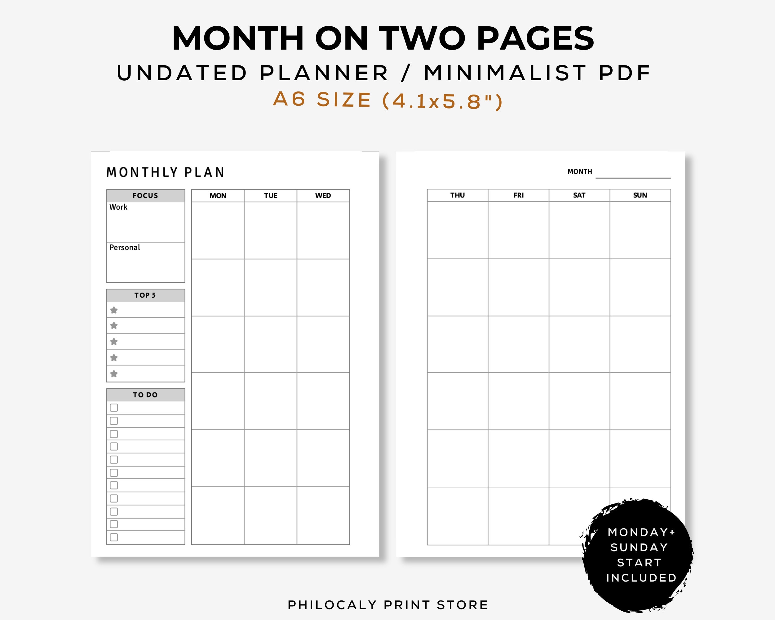 A6 Month on Two Pages, A6 Planner Inserts, Monthly Overview, Undated ...