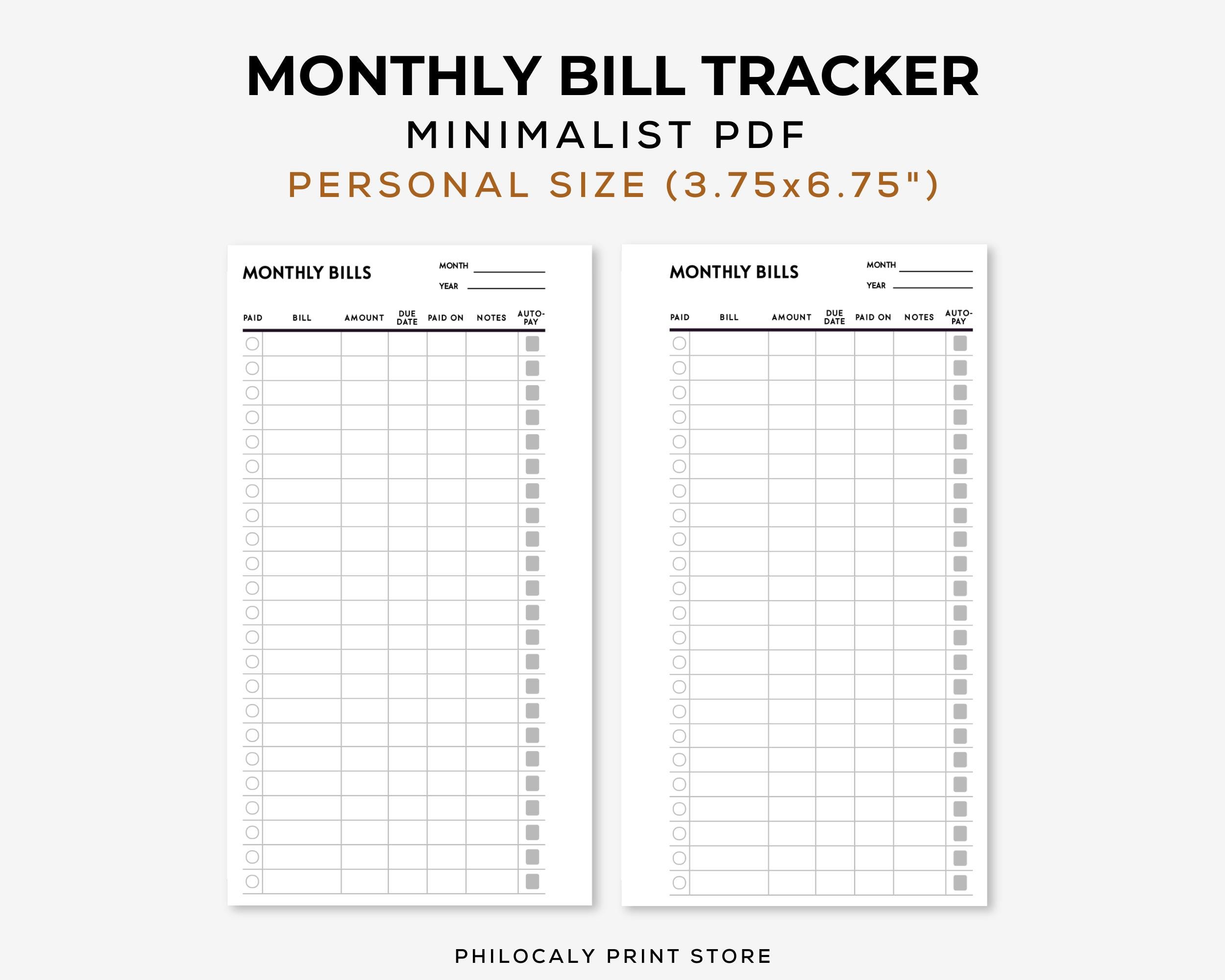 Personal Size Bill Tracker, Personal Size Planner Inserts Financial ...