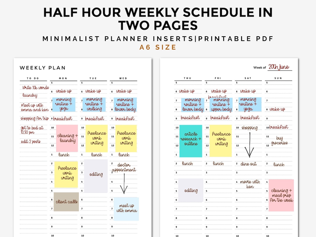 A6 Half Hour Weekly Schedule, Printable Half Hour Planner, A6 Weekly ...