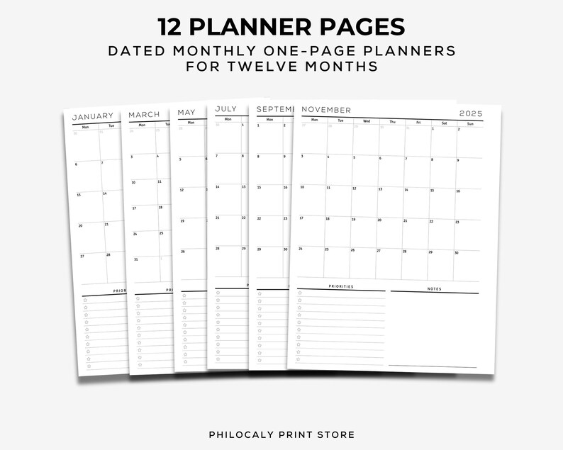 2025 Monthly Planner on One Page, 2025 Month on One Page A5, 2025 ...