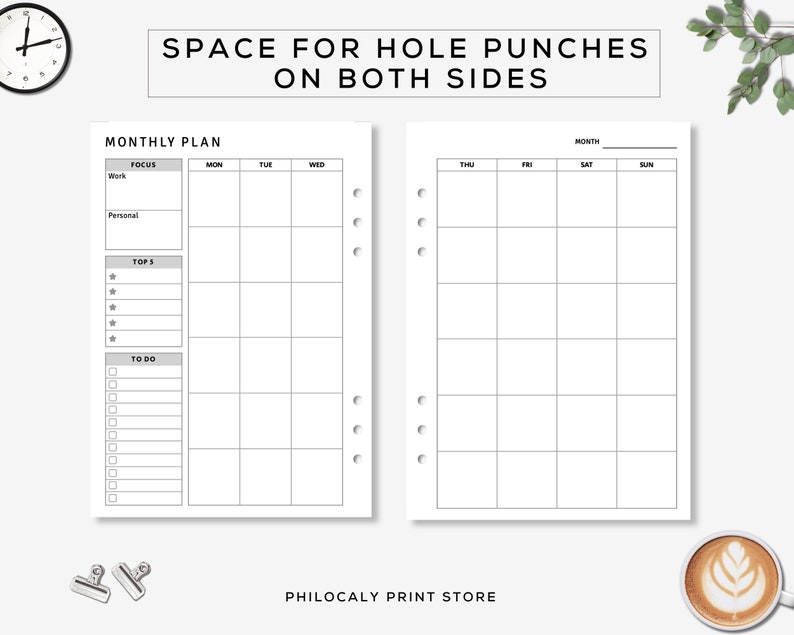 A6 Month on Two Pages, A6 Planner Inserts, Monthly Overview, Undated ...