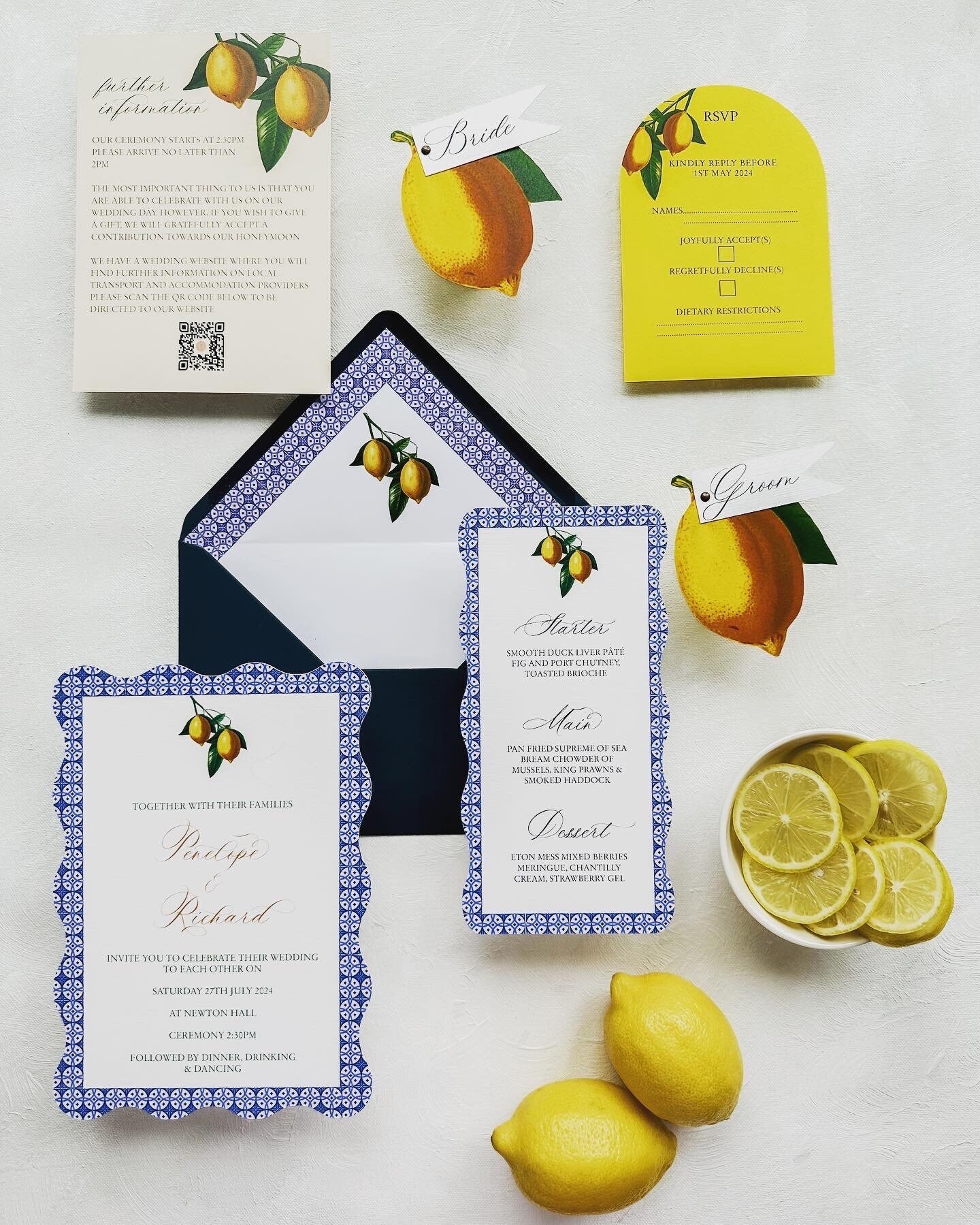 Wedding Lemon Name Card | Wedding Place Setting | Blue and Yellow ...