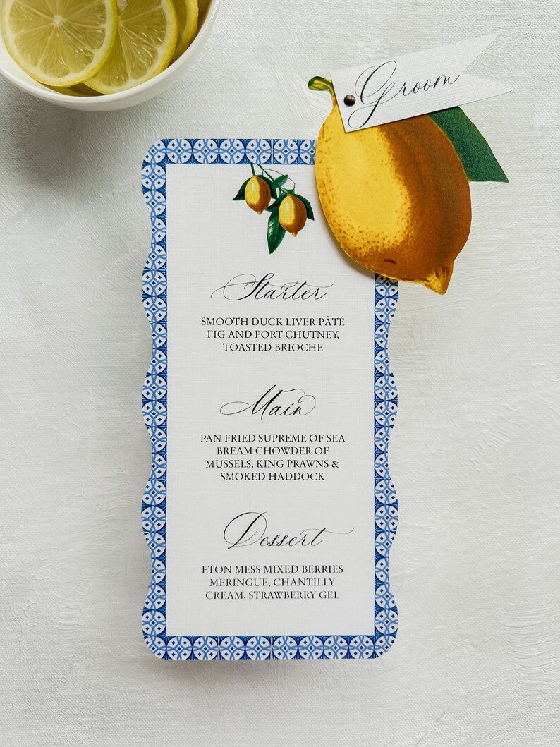 Wedding Lemon Name Card | Wedding Place Setting | Blue and Yellow ...