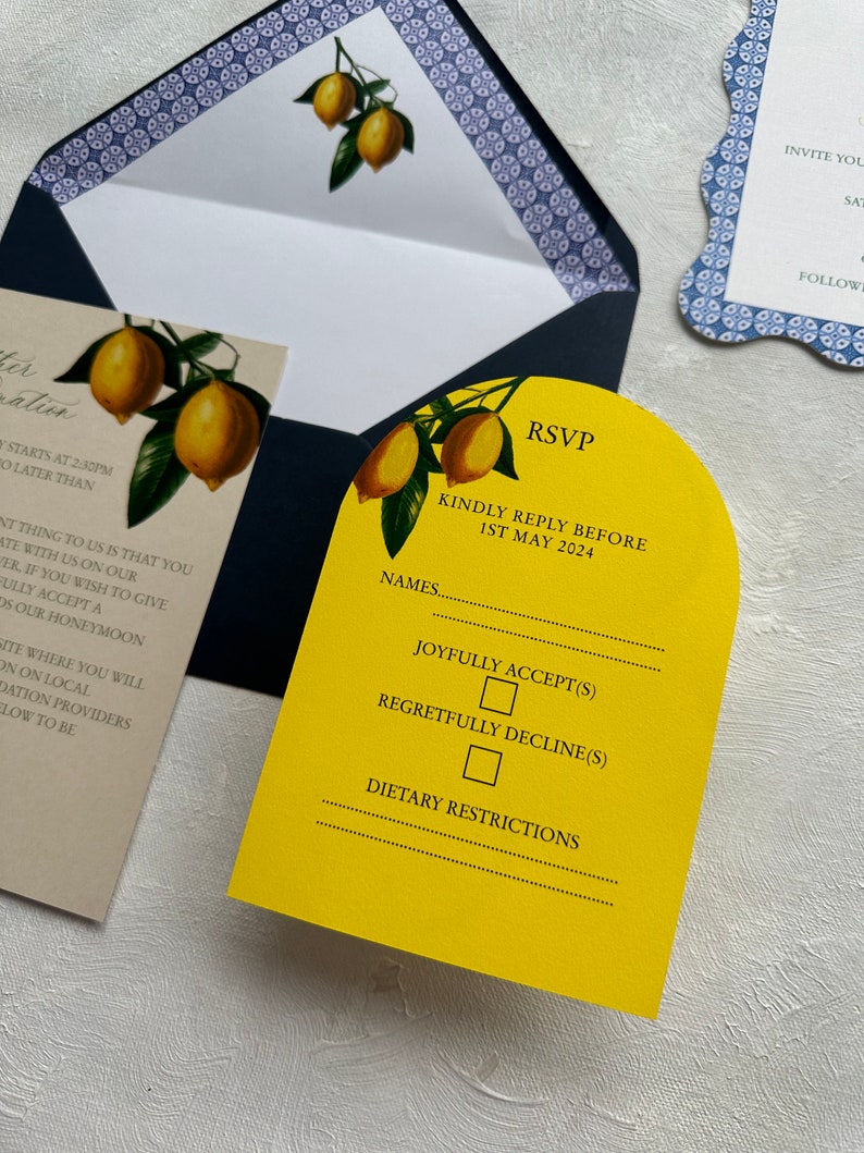 Wedding Lemon Name Card | Wedding Place Setting | Blue and Yellow ...