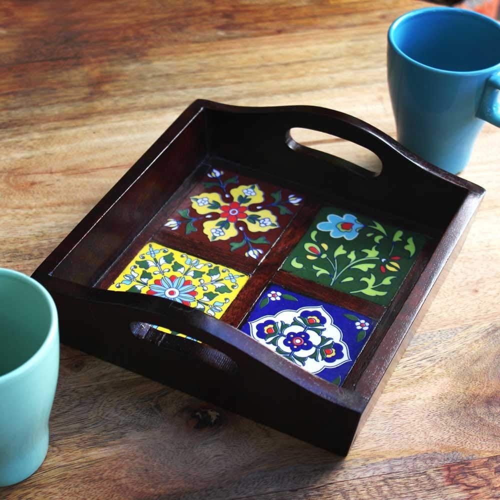 Indune's Wooden Handcrafted Serving Tray With Ceramic Tiles/ Vintage ...