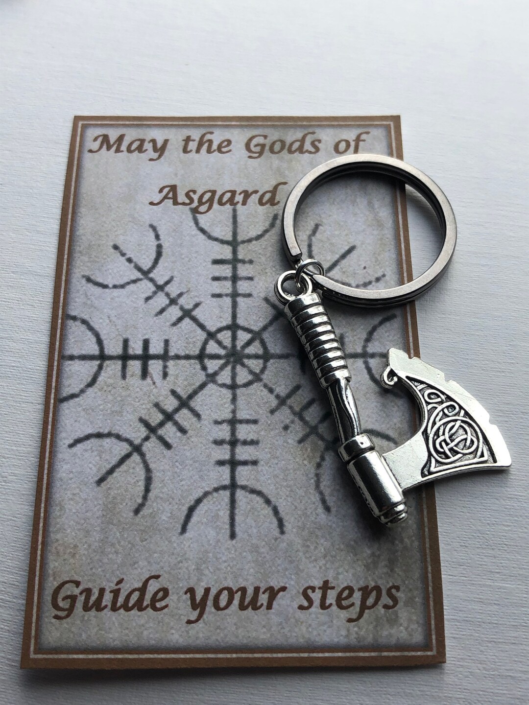 Viking Axe Keychain With Helm of Awe Card, Safe Travel Gift - Etsy