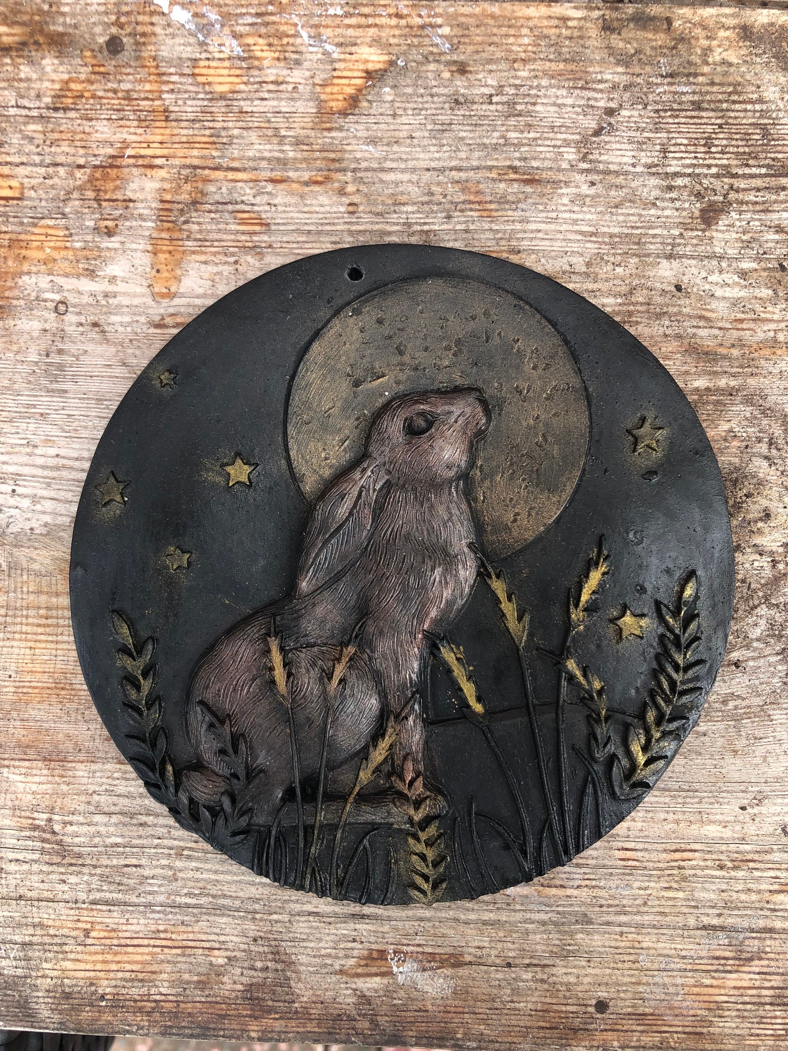 Harvest Moon Hare in Wheat Field Plaque Wall Altar Decoration ...