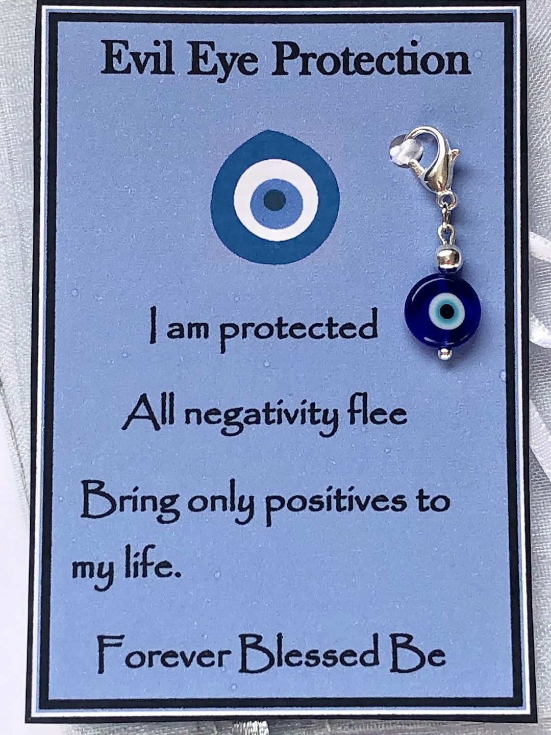 Evil Eye Protection Nazar Charm Clip Glass Lamp Work Bead ‘I Am Protected ‘ Perfect Gift Card ...