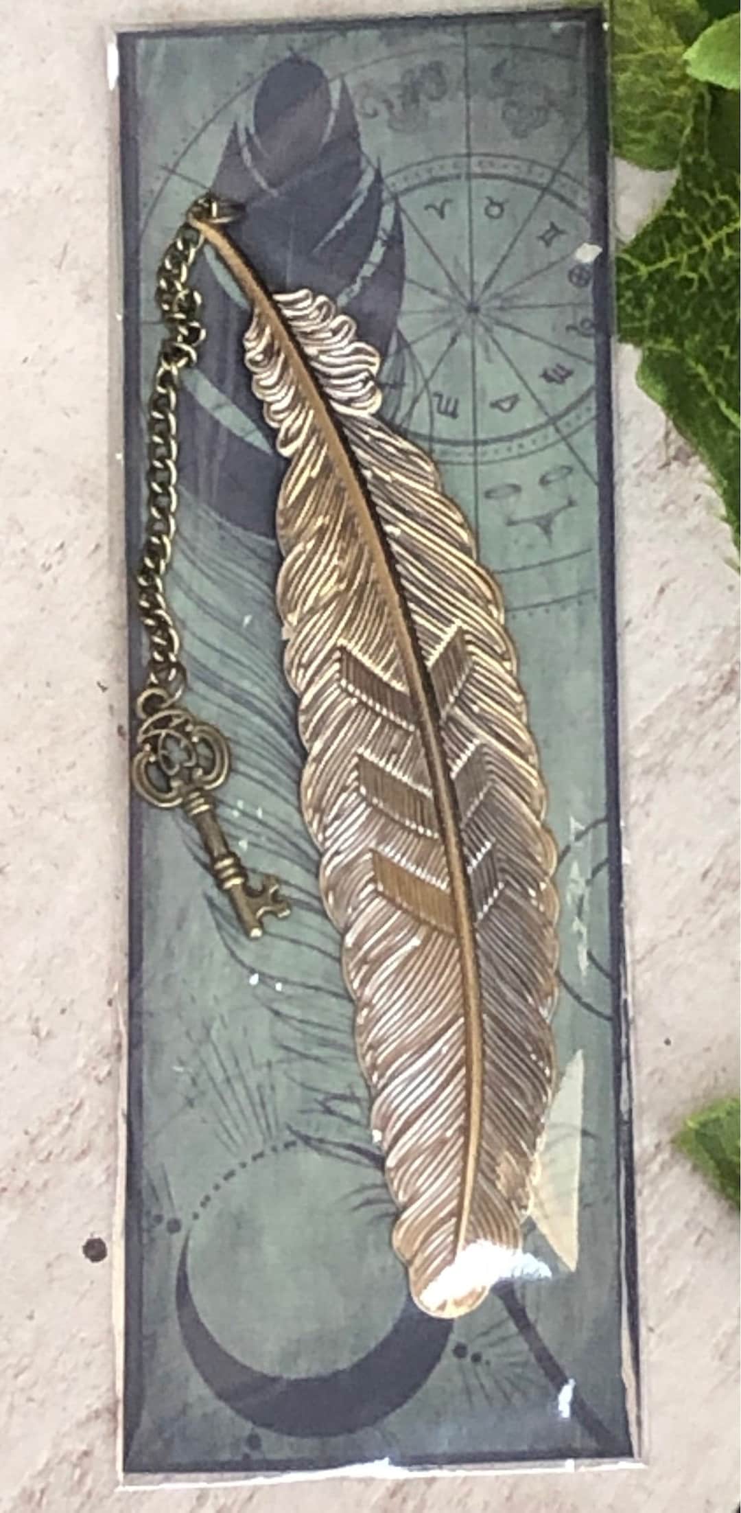 Feather Bookmark Metal Bronze Colour Key Charm on Chain Display Card ...
