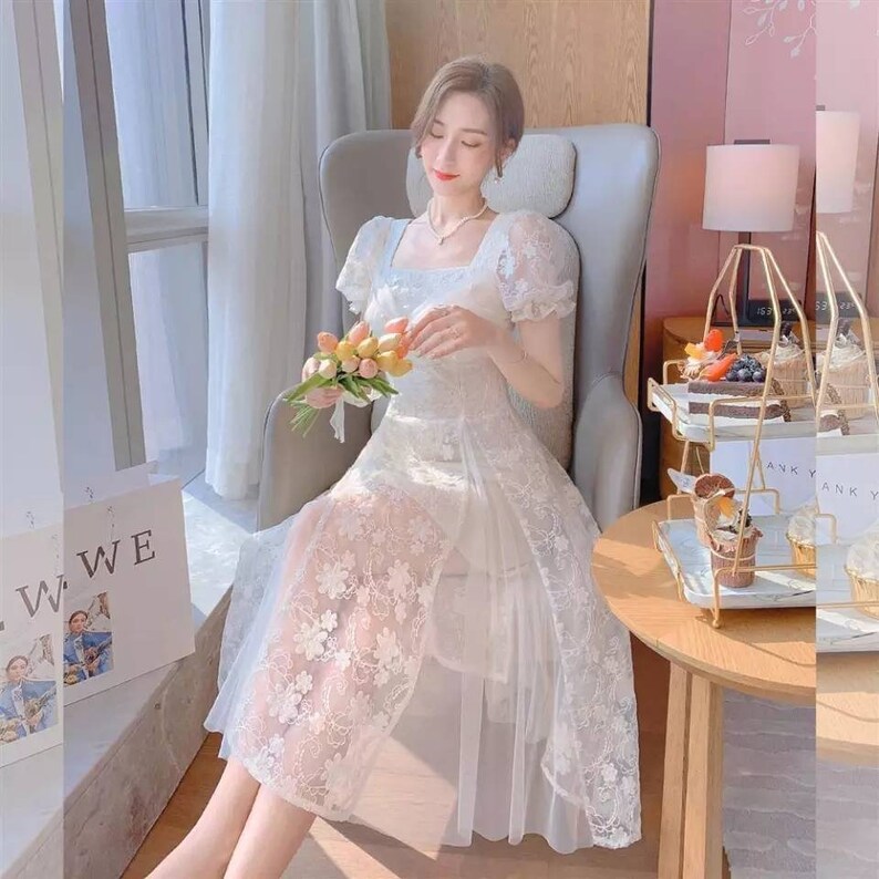 White Cottagecore Floral Wedding Dress Fairy Prom Summer Etsy