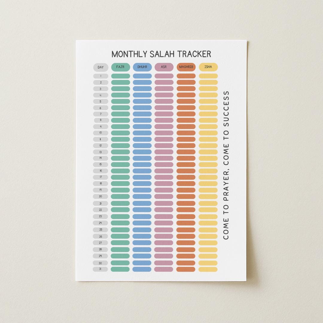 Monthly Salah Tracker Islamic Wall Art Prayer Tracker Printable Muslim ...