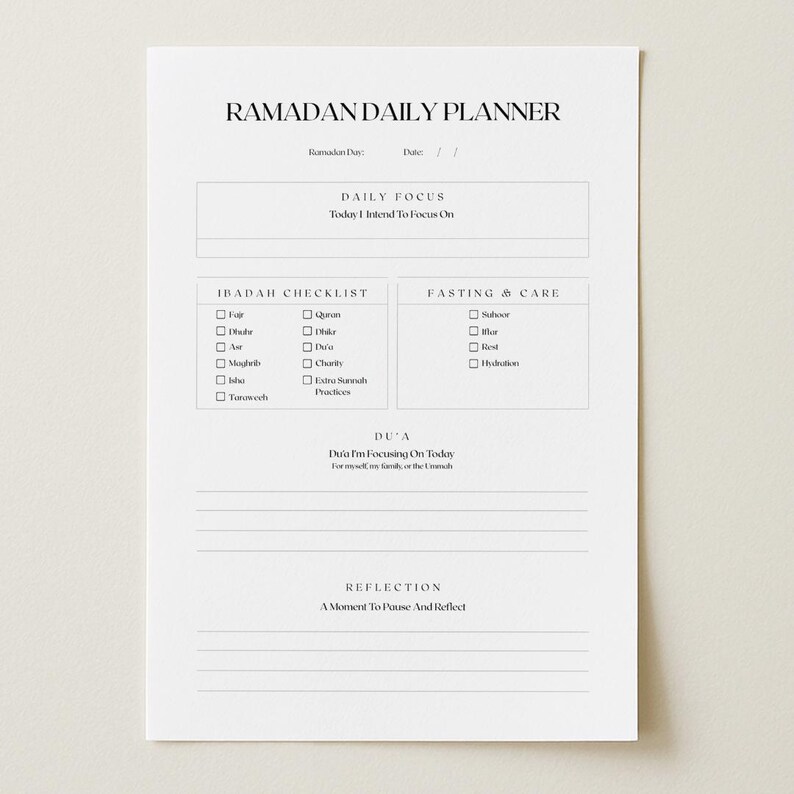 Ramadan Daily Planner Printable One Page Ibadah Checklist Quran Dua ...